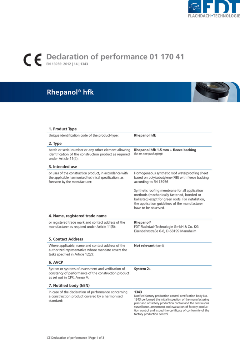 Rhepanol hfk Roofing Membrane - FDT Flachdach Systeme GmbH