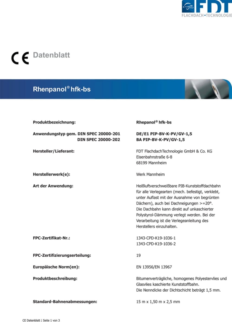 Rhepanol hfk-bs Roofing Membrane - FDT Flachdach Systeme GmbH