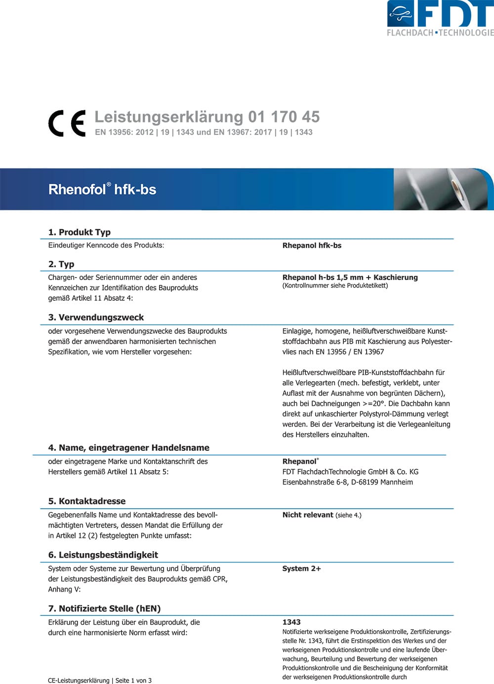 Rhepanol hfk-bs Roofing Membrane - FDT Flachdach Systeme GmbH